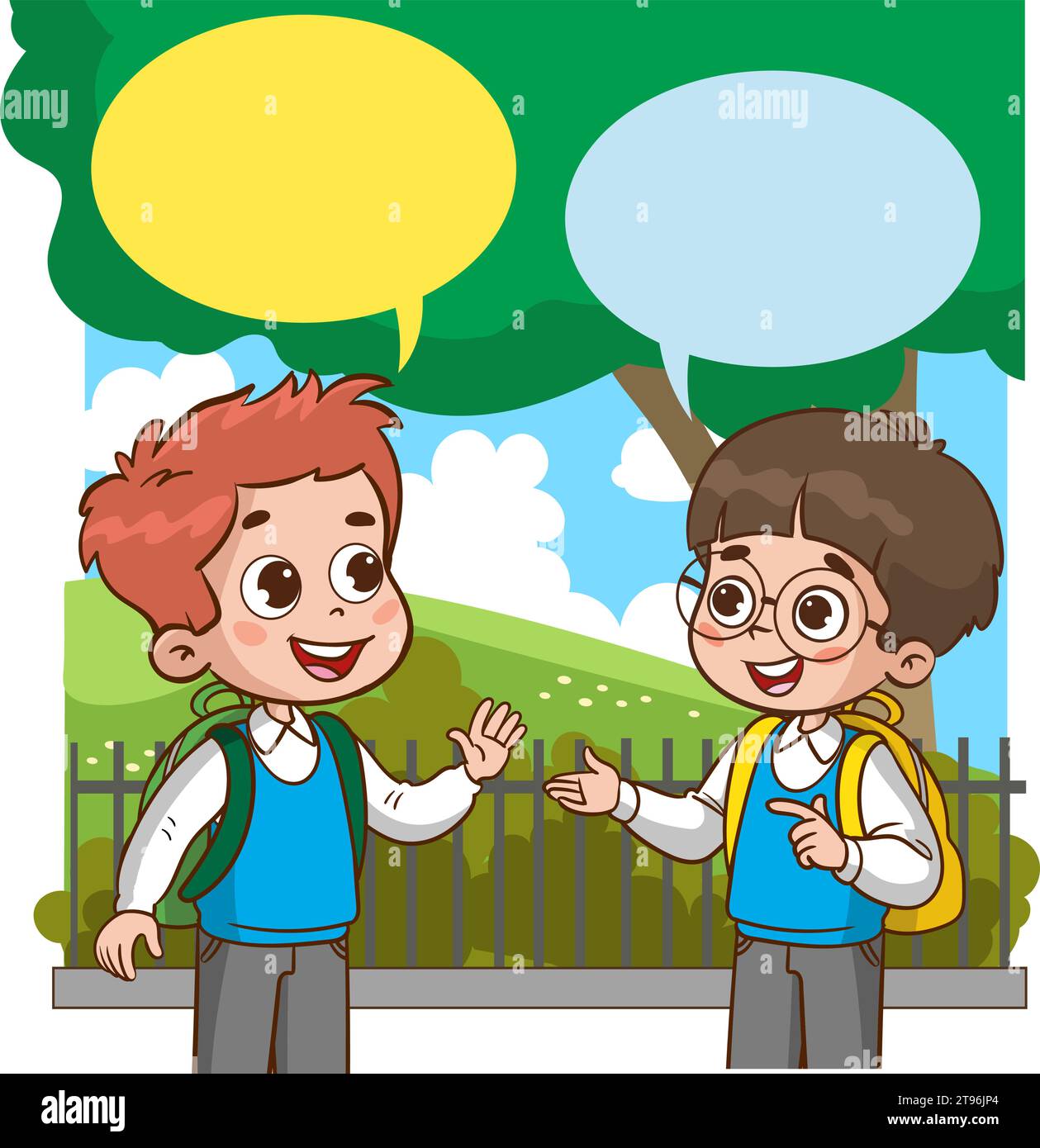 Cartoon boy and a girl talking to each other. Vector illustration.happy ...