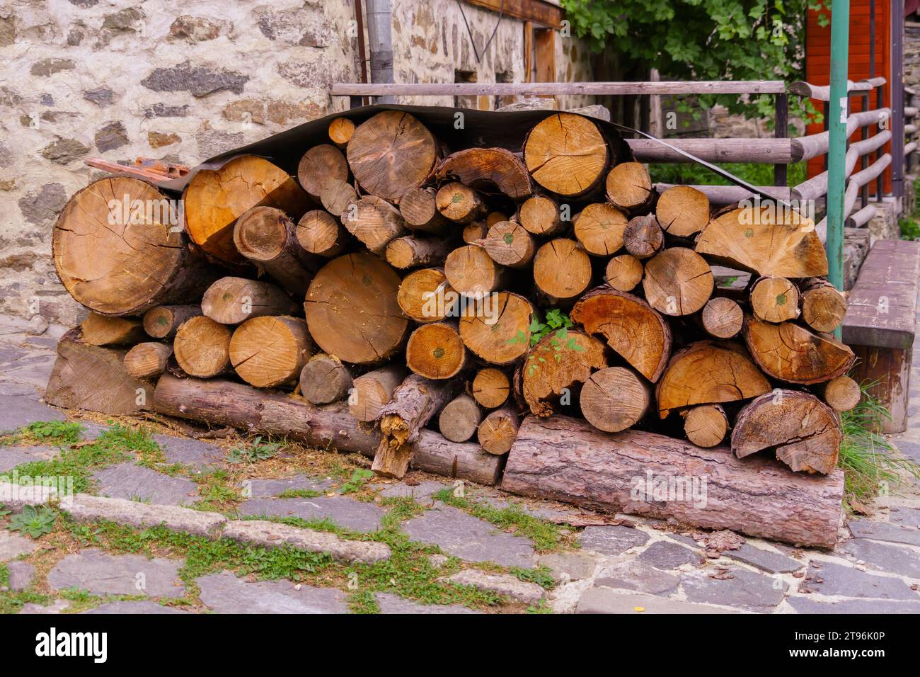 View of a stack of chopped wood, in Shiroka Laka, Rhodope Mountains ...