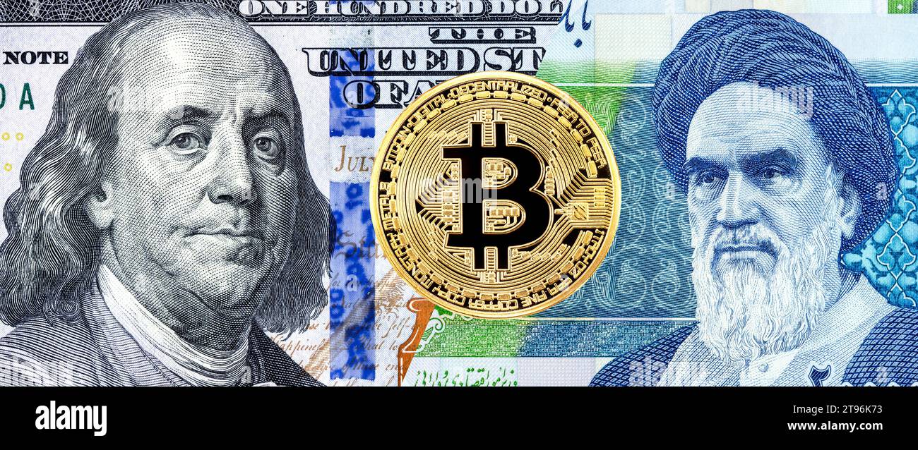 Bitcoin and portraits of Benjamin Franklin against Ayatollah Khomeini ...