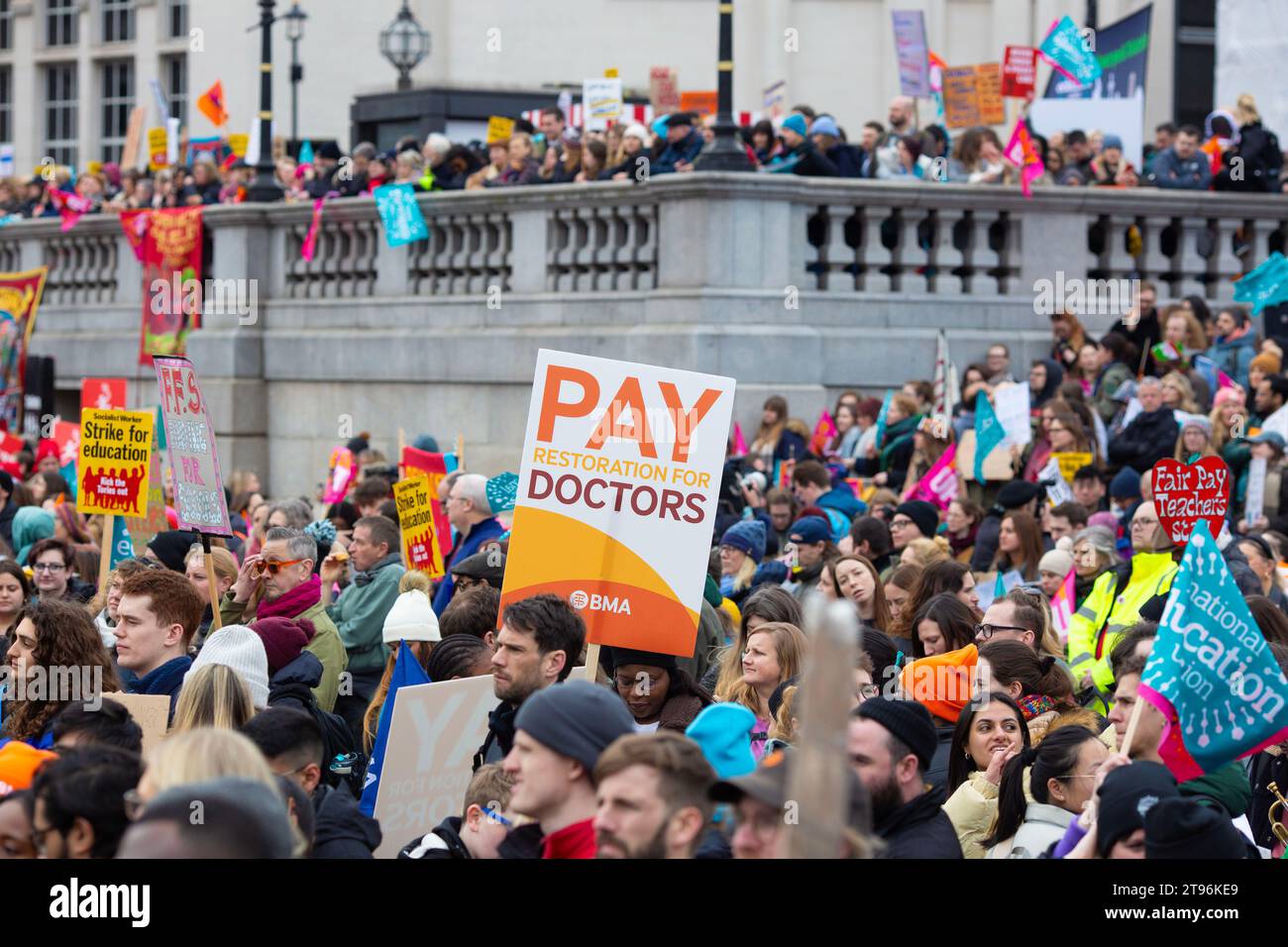 Placards are held during a march and rally called by the NEU (National ...