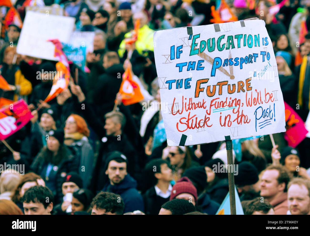 Placards are held during a march and rally called by the NEU (National ...