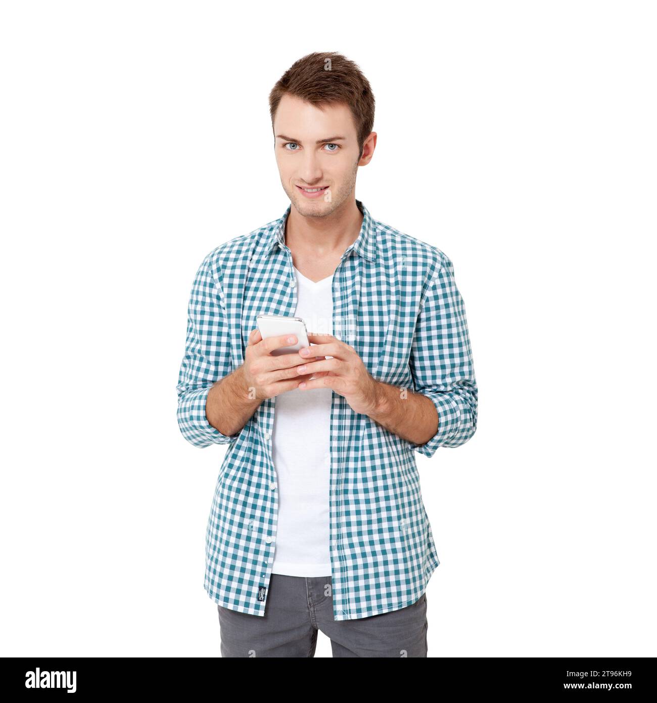 Young urban professional man using smart phone. Businessman holding ...