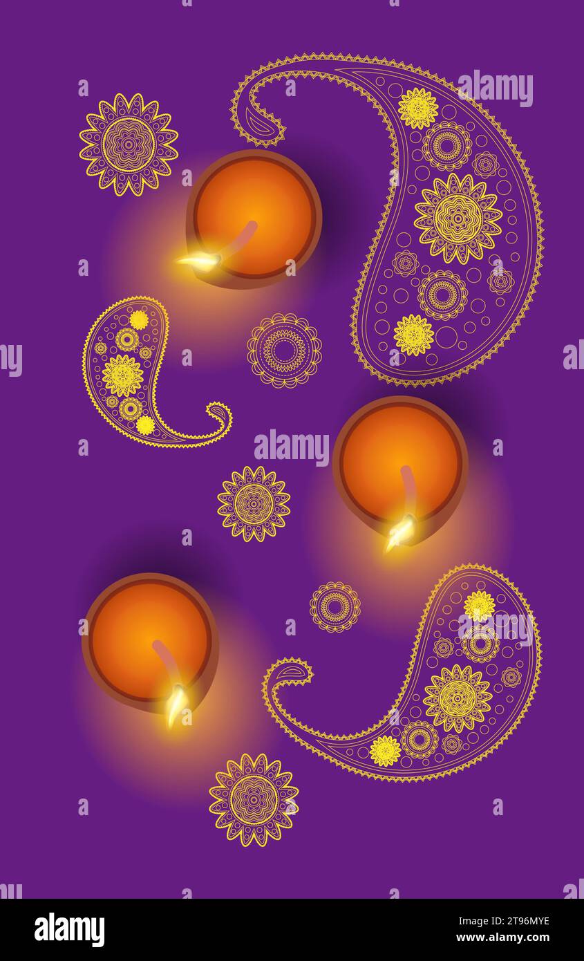 Luxury paisley pattern with four oil diya . Decorative ornament in ...