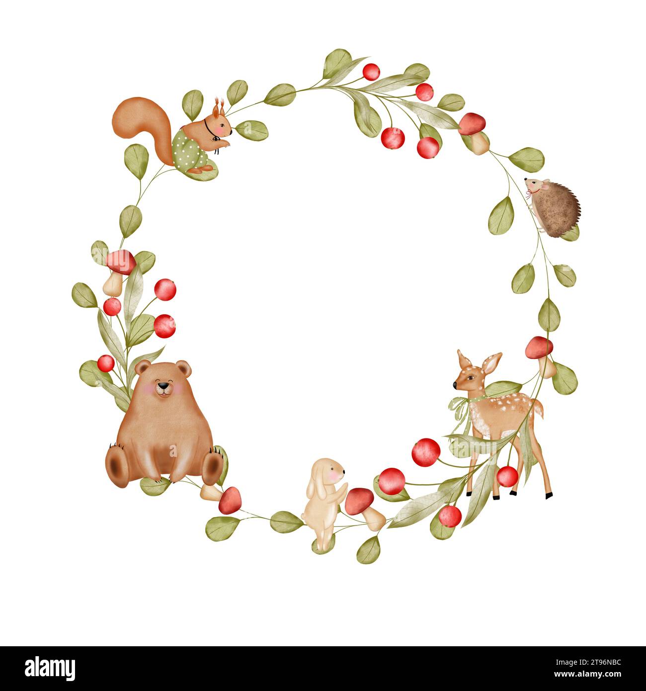 Watercolor round children's frame cute animals. Bear and squirrel ...
