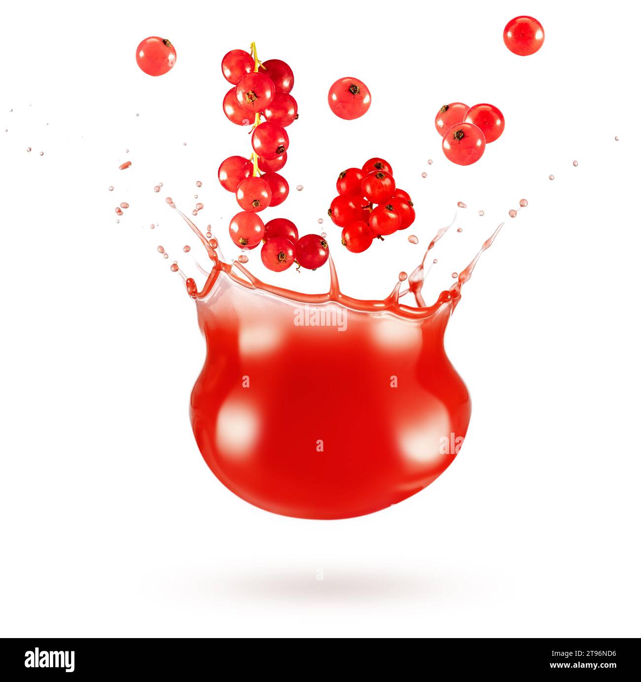 Redcurrant berries falling into a fresh juice drop-shaped splash ...