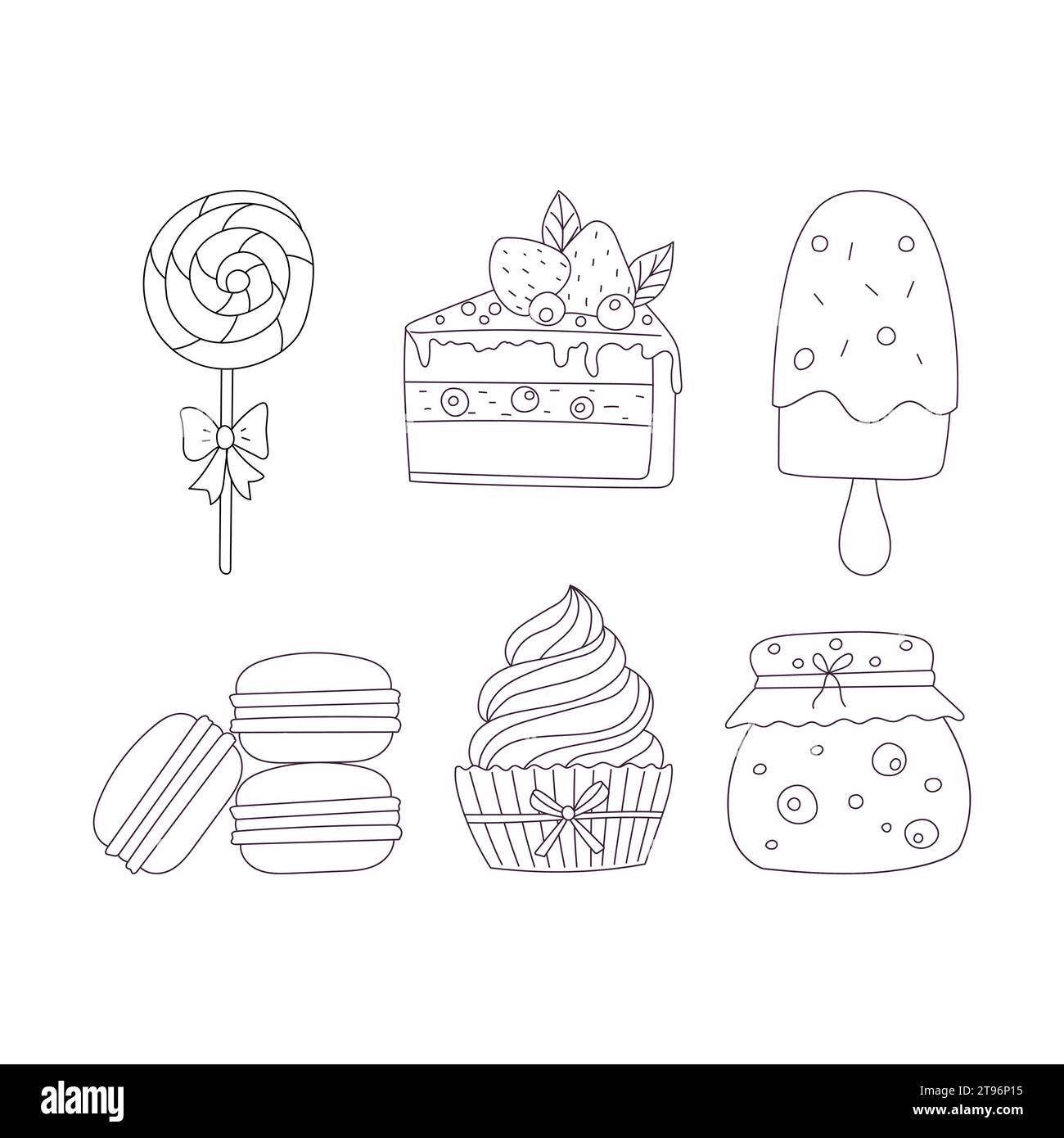 Set of Hand drawn sweet food, Desserts. Lollipop, popsicle, macaroons, cupcake, cake, jam ...