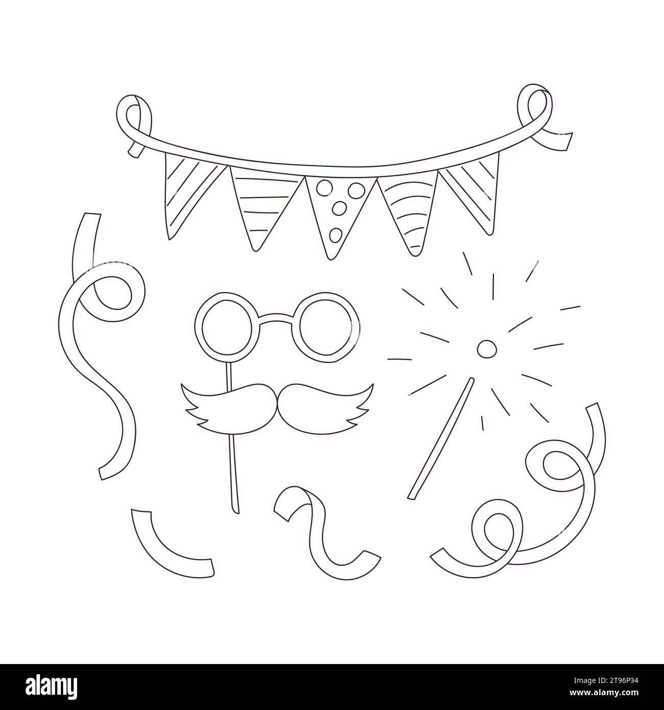 Hand drawn ribbon, masquerade mask, ribbons, festive flags, sparkler. Festive decorative ...