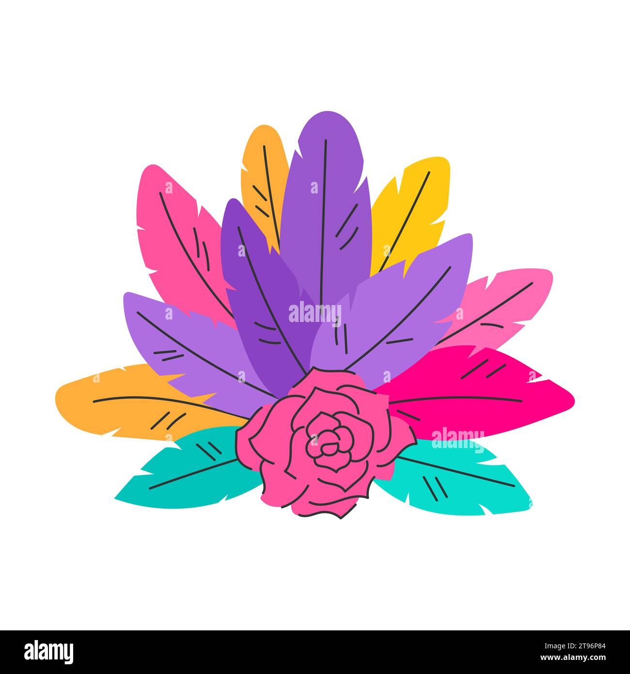 Decorative element with bright feathers and rose flower. Flat cartoon ...