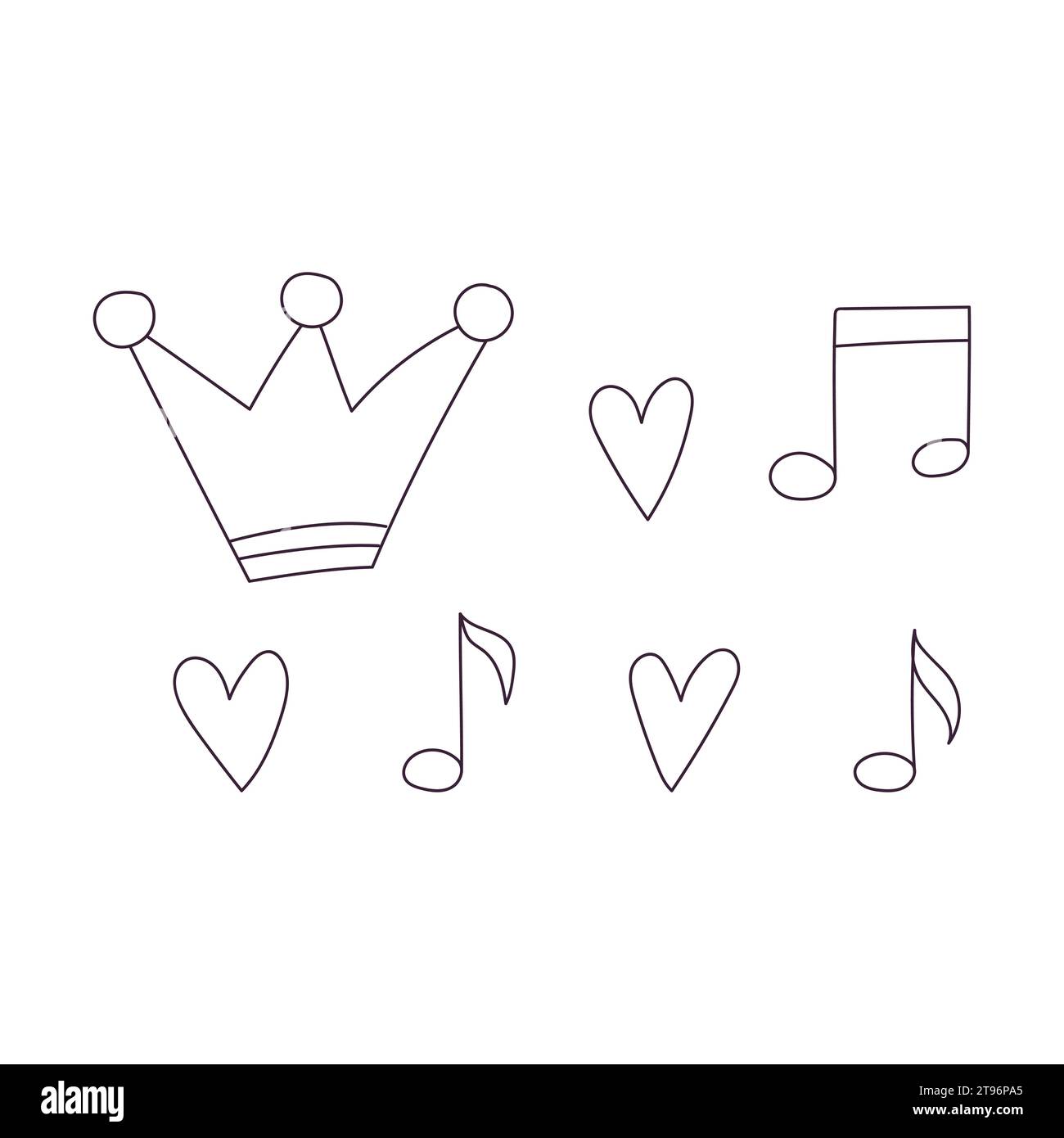 Hand drawn tiny decorative symbols. Crown, hearts, musical symbols ...