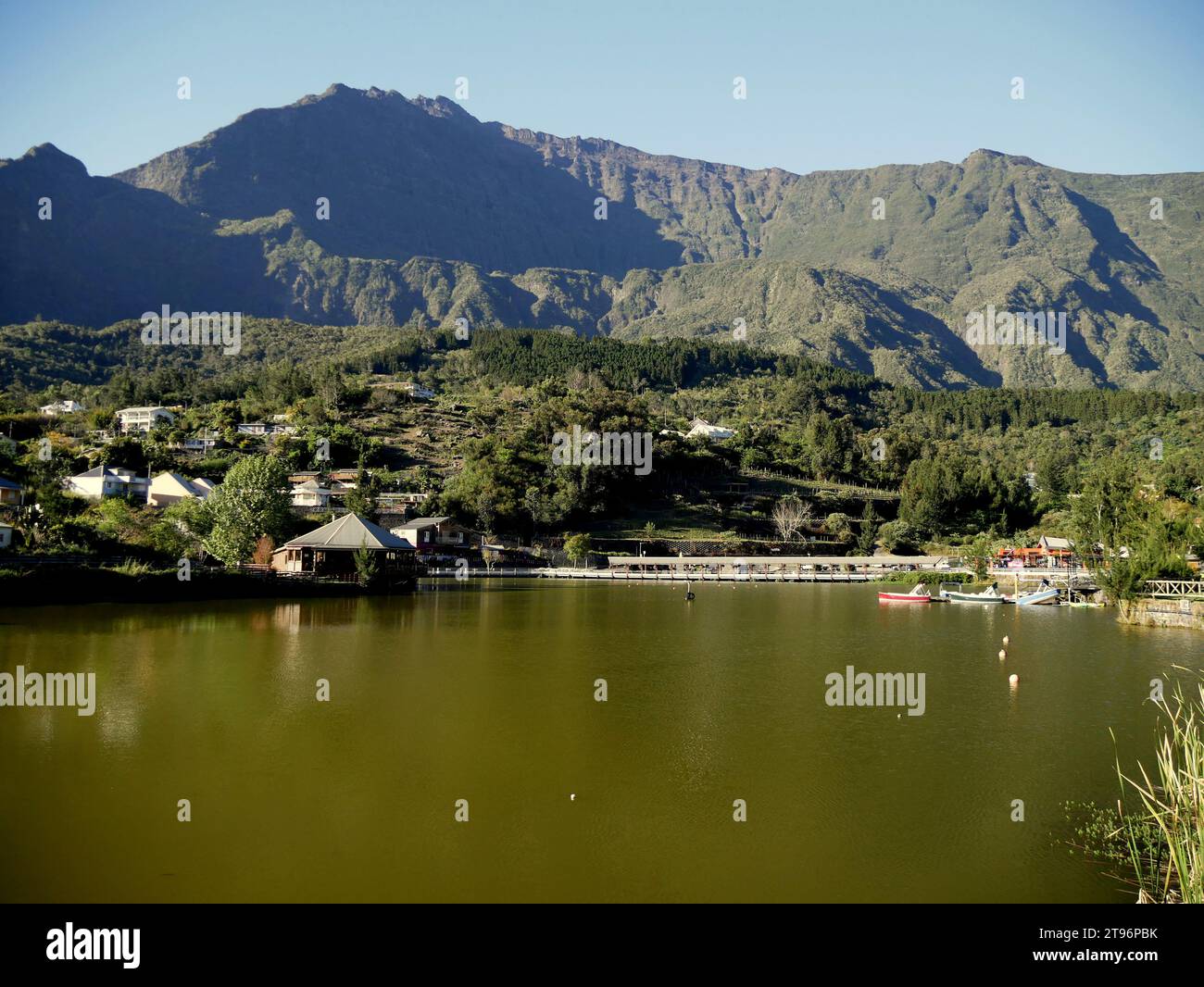 Mare à joncs green pond in Cilaos circus with Piton des Neiges volcanic ...