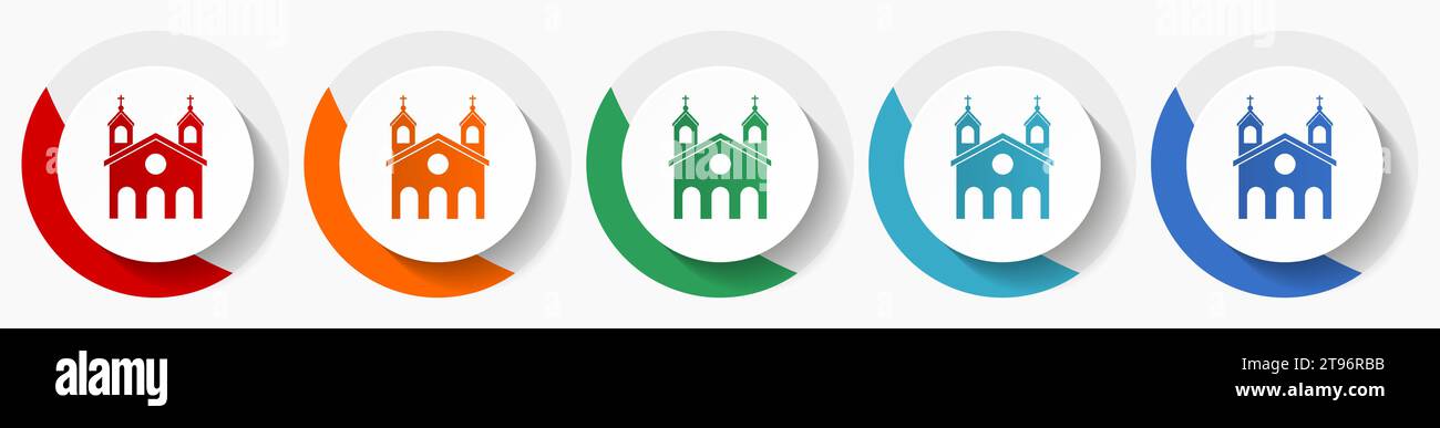 Church vector icon set, flat design colorful round icons in 5 color ...