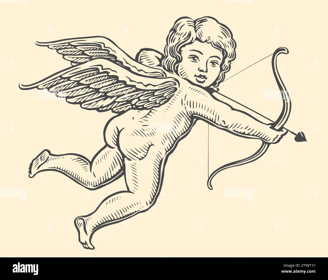 Cupid aiming a bow and arrow. Valentines Day symbol. Flying angel child, vector illustration ...