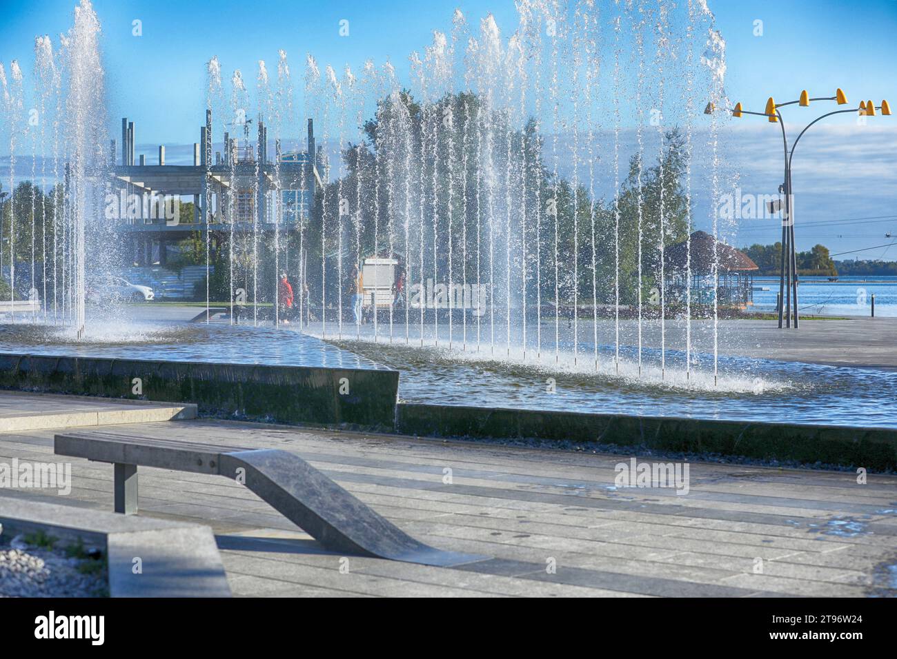 Early morning in the empty park nearly the river in Dnipro city Stock ...