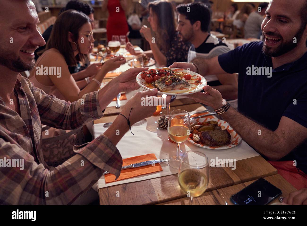 Crop glad men passing plate with fish and cherry tomatoes while having ...