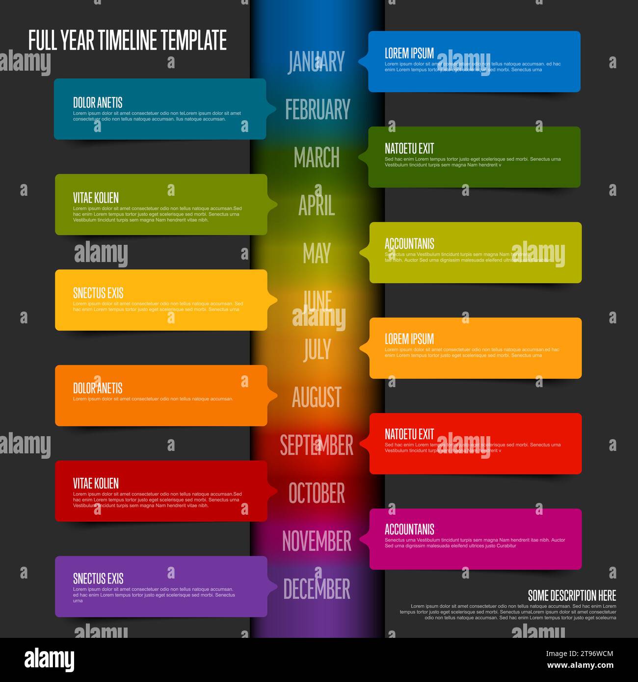 Full year rainbow vertical timeline template with months texts in vivid ...