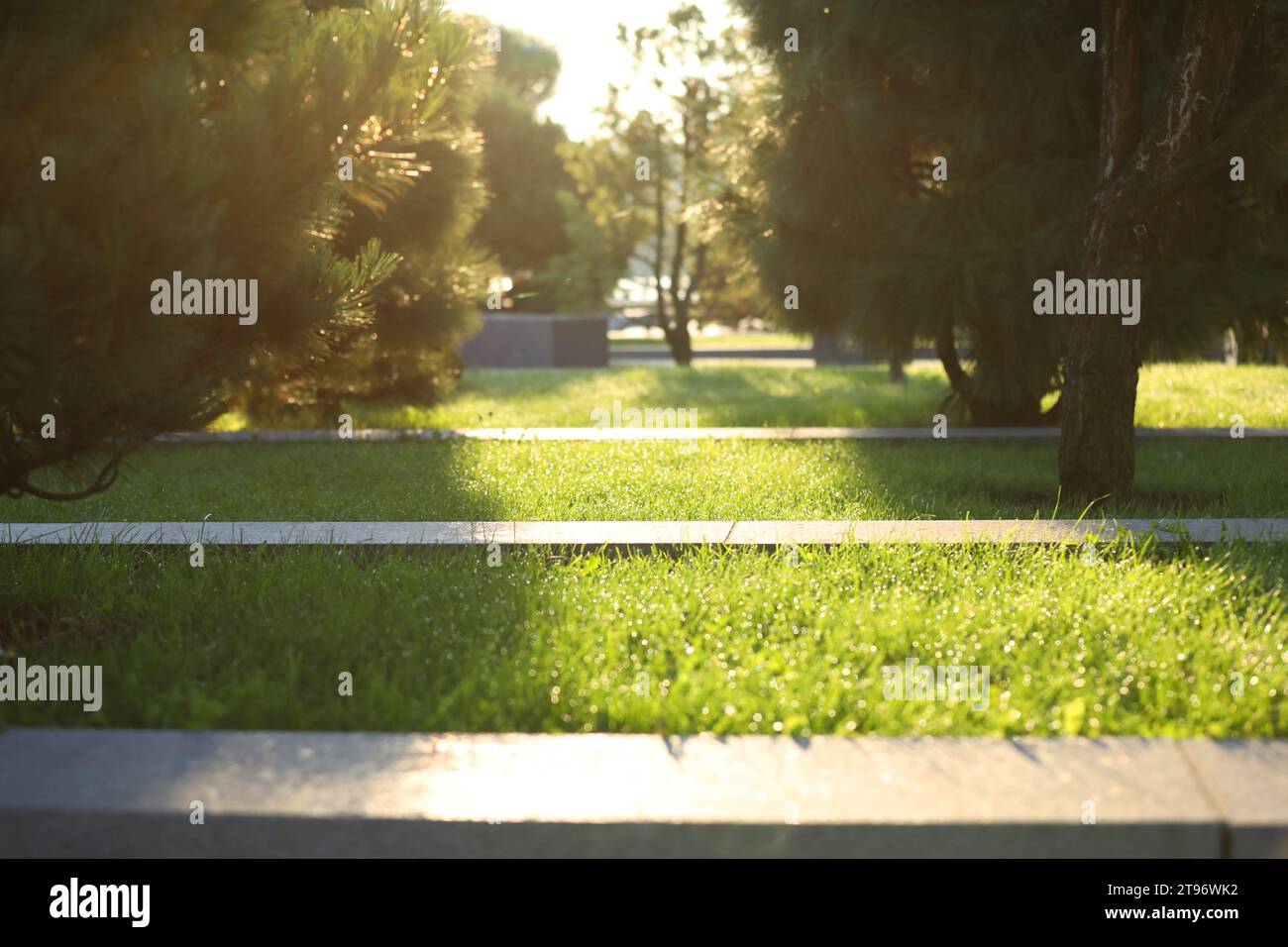 Early morning in the empty park nearly the river in Dnipro city Stock ...