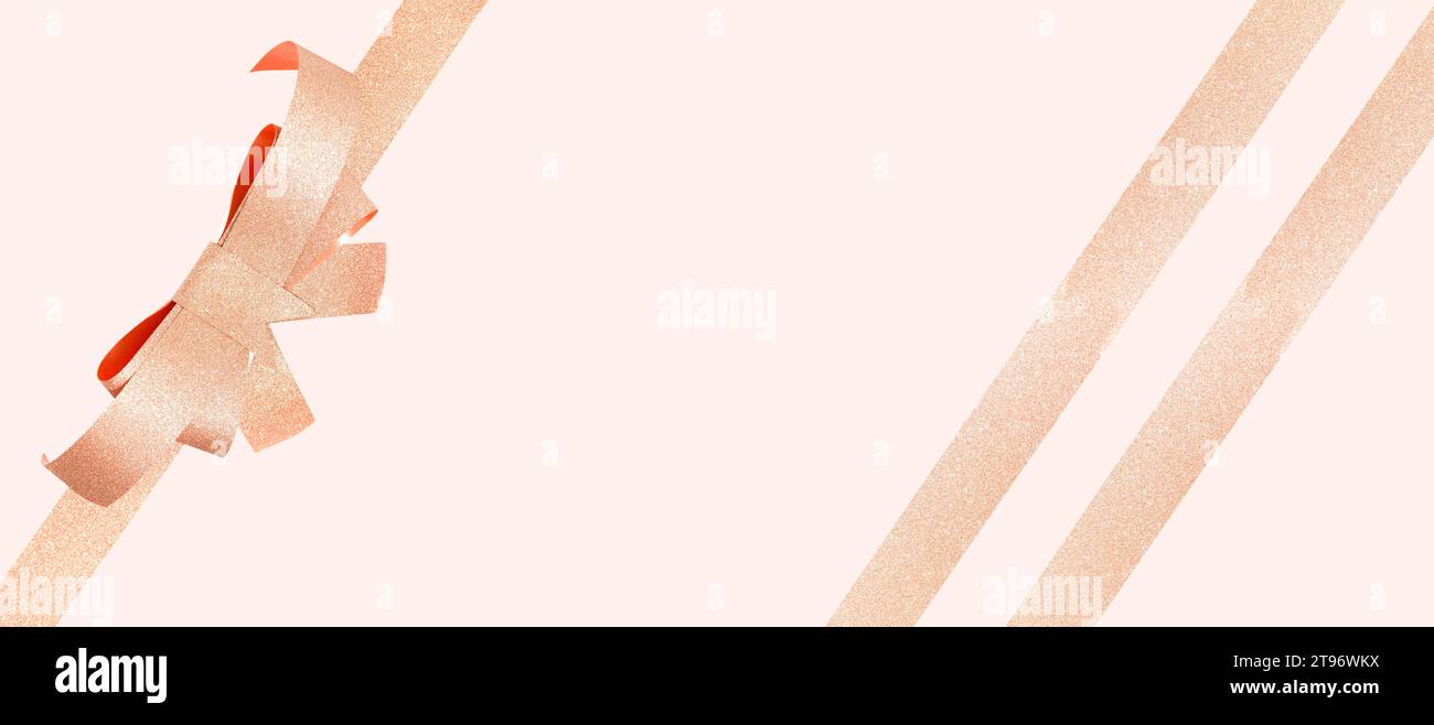 Glowing golden bow with diagonally ribbon on the corner on soft yellow ...