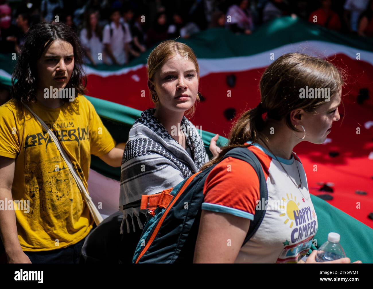Melbourne, Australia. 23rd Nov, 2023. A student protester holds a large ...