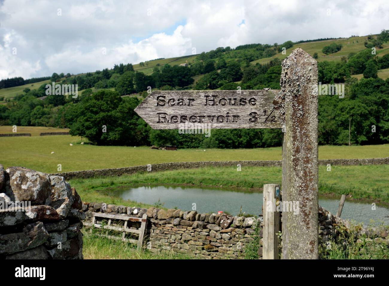 Wooden Signpost by a Puddle for the Footpath to Scar House Reservoir in ...