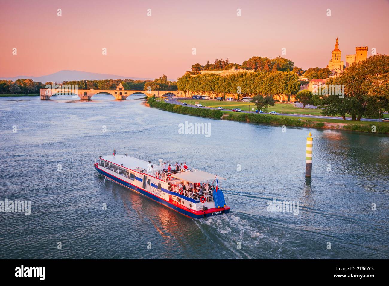 Avignon, France - June 30th 2023. Sunset golden hour with Rhone River ...
