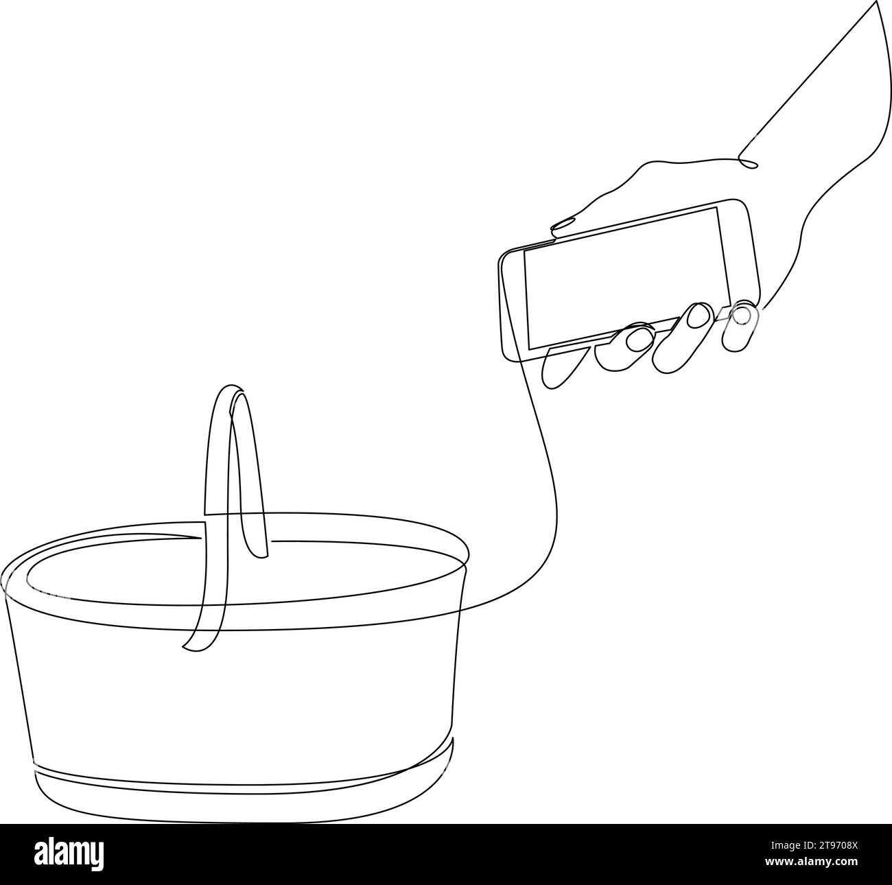 Hand putting smartphone into wicker basket continuous one line drawing ...