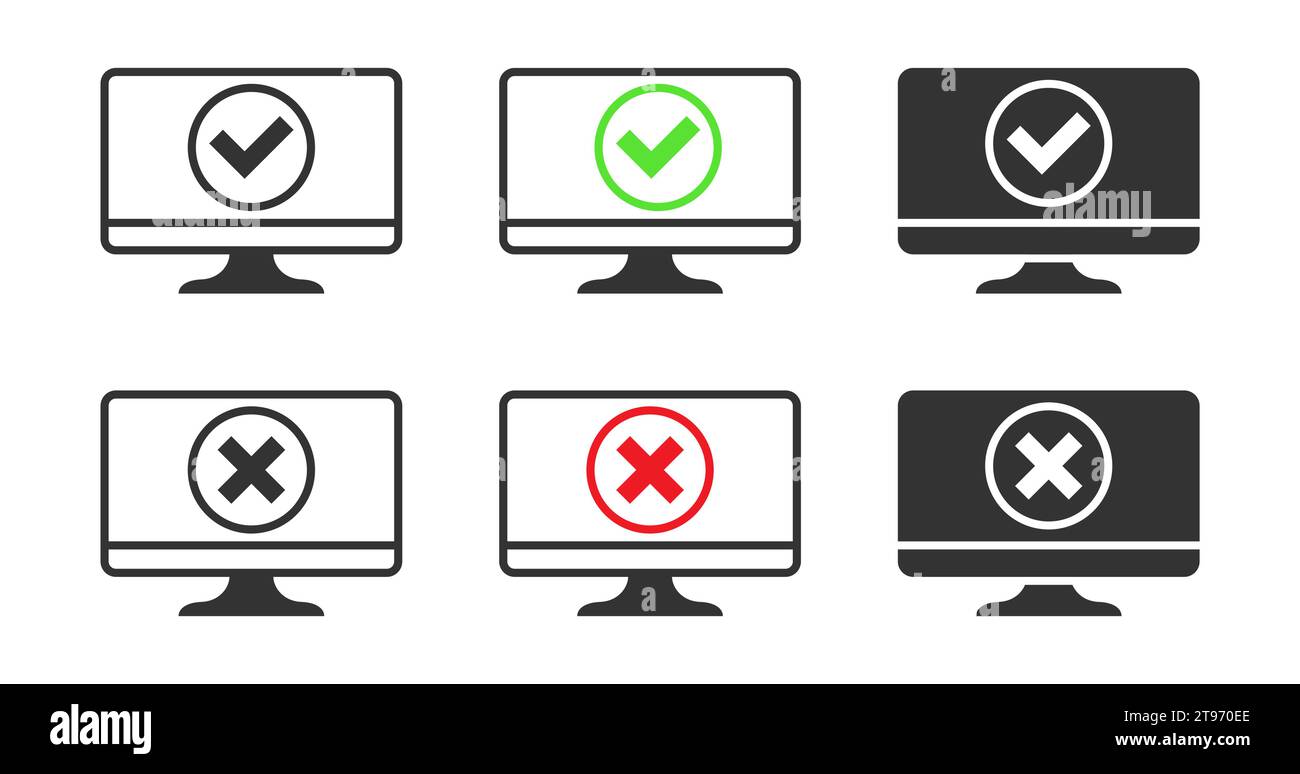 Monitor with check mark and cross sign. Vector illustration Stock ...