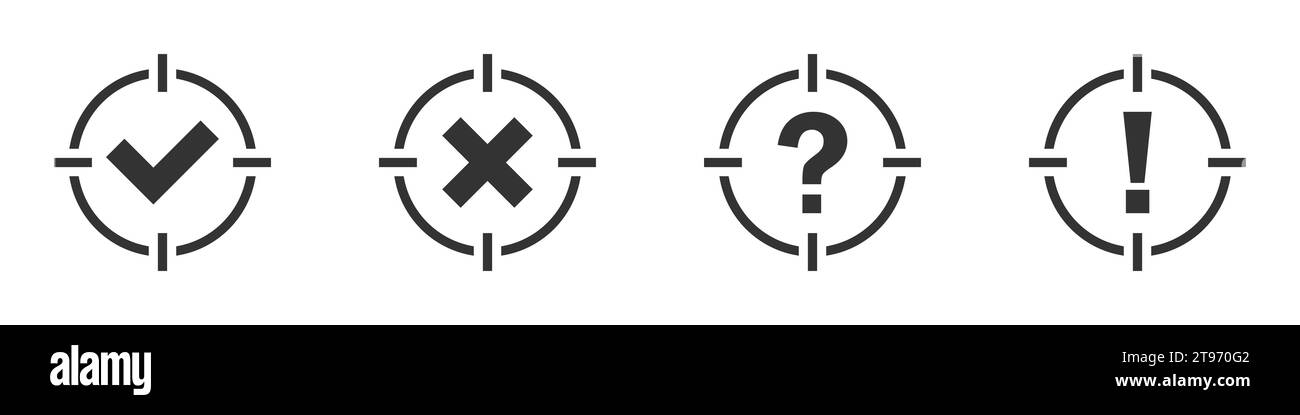 Target icon with check mark cross exclamation point and question mark ...
