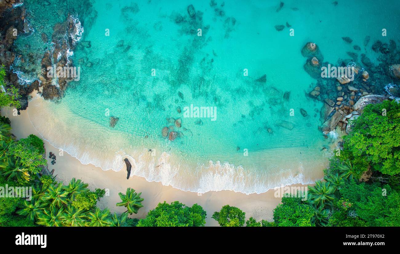 Bird eye drone photo of beautiful white sandy beach, turquoise water ...