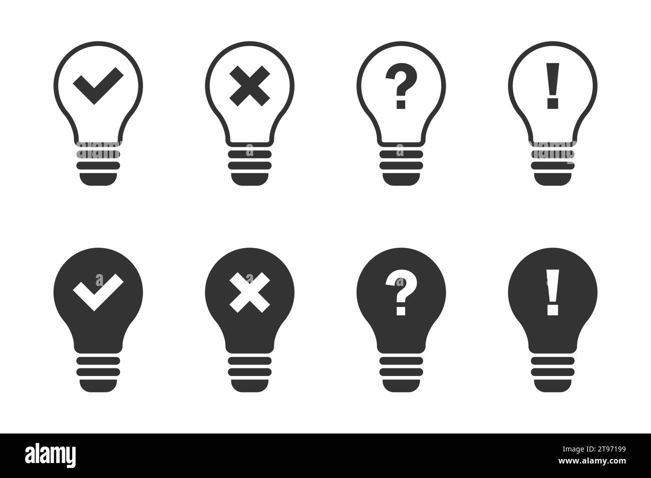 Bulb with check mark cross question mark and exclamation point. Vector ...
