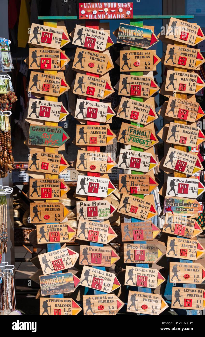 Handmade wooden souvenir signs of Cabo Girao, Funchal, Portugal Stock ...