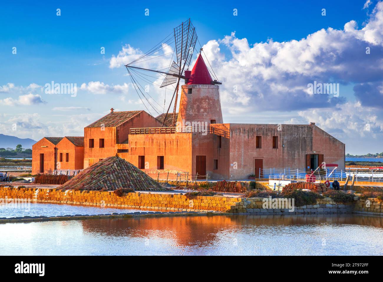 Marsala, Italy. Stagnone Lagoon with vintage windmills and saltwork ...