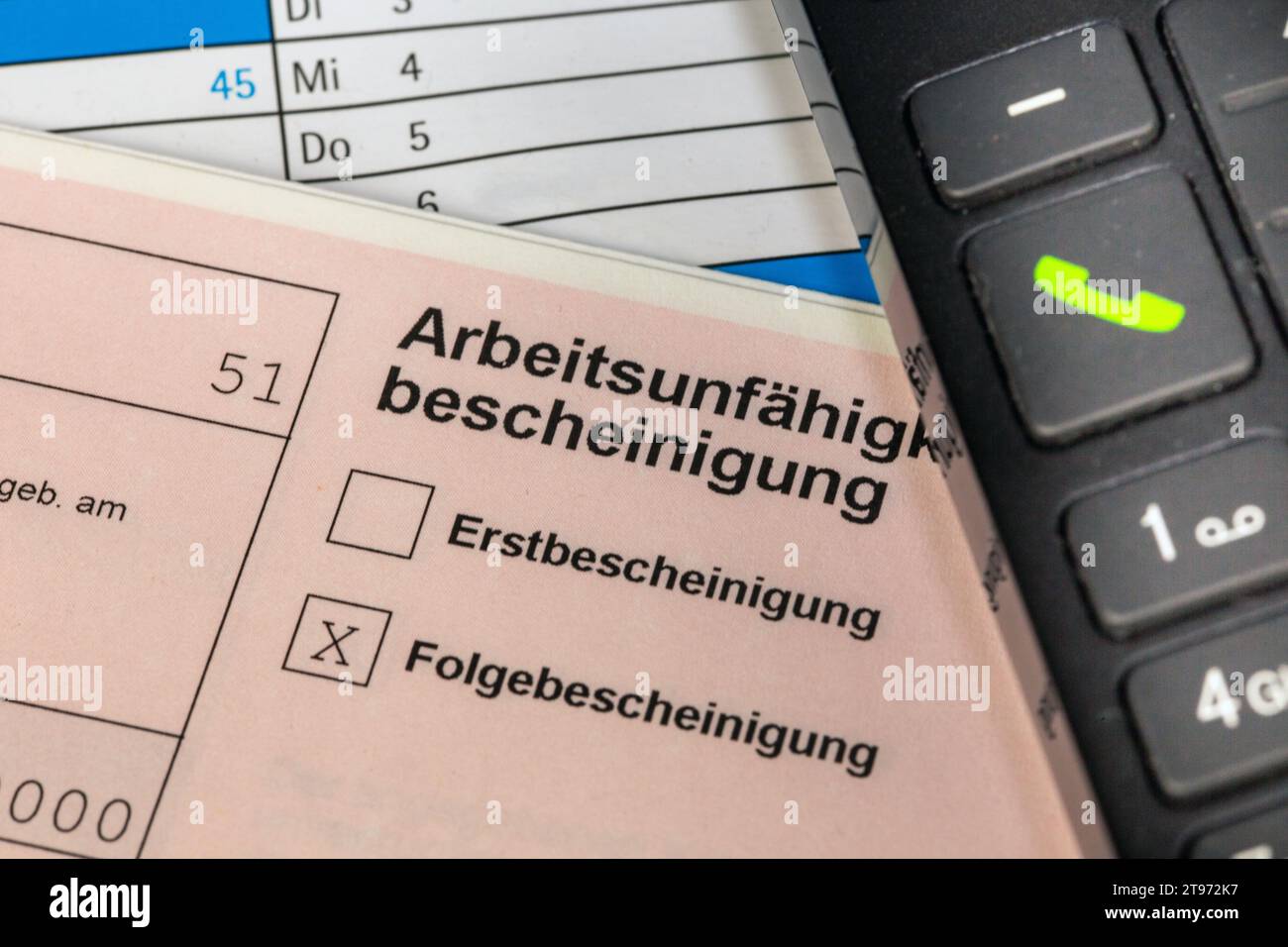 Close-up of a certificate of incapacity for work, Germany ...