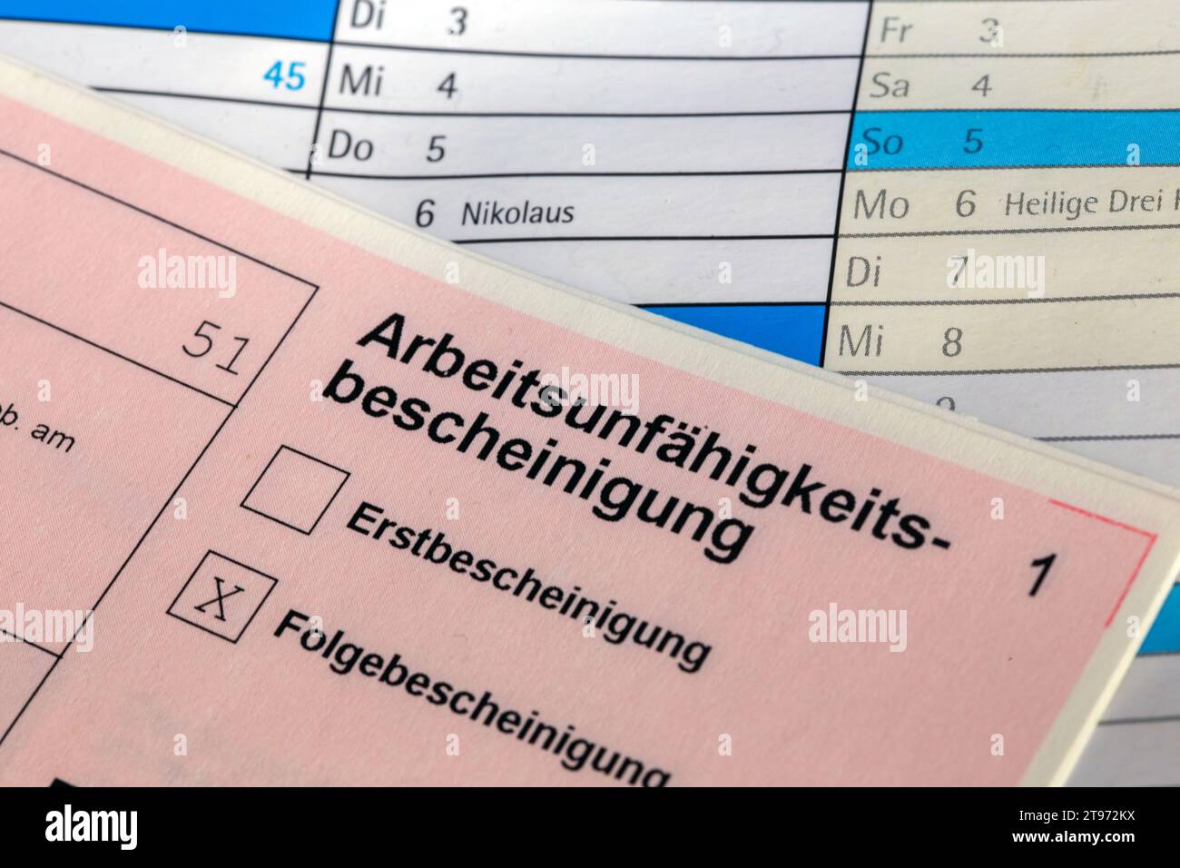 Close-up of a certificate of incapacity for work, Germany ...