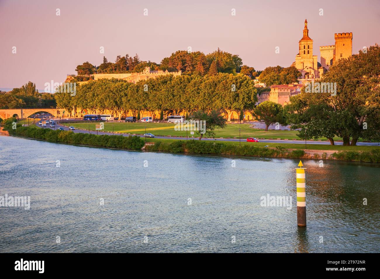 Avignon, France. Sunset golden hour with Rhone River and medieval city ...