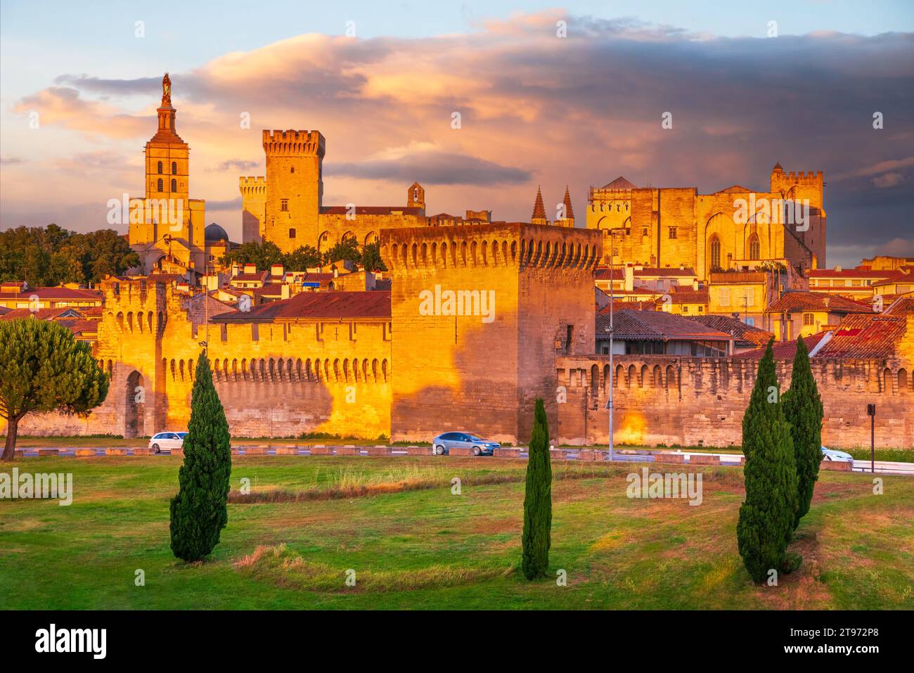 Avignon, France. Sunset golden hour with Rhone River and medieval city ...