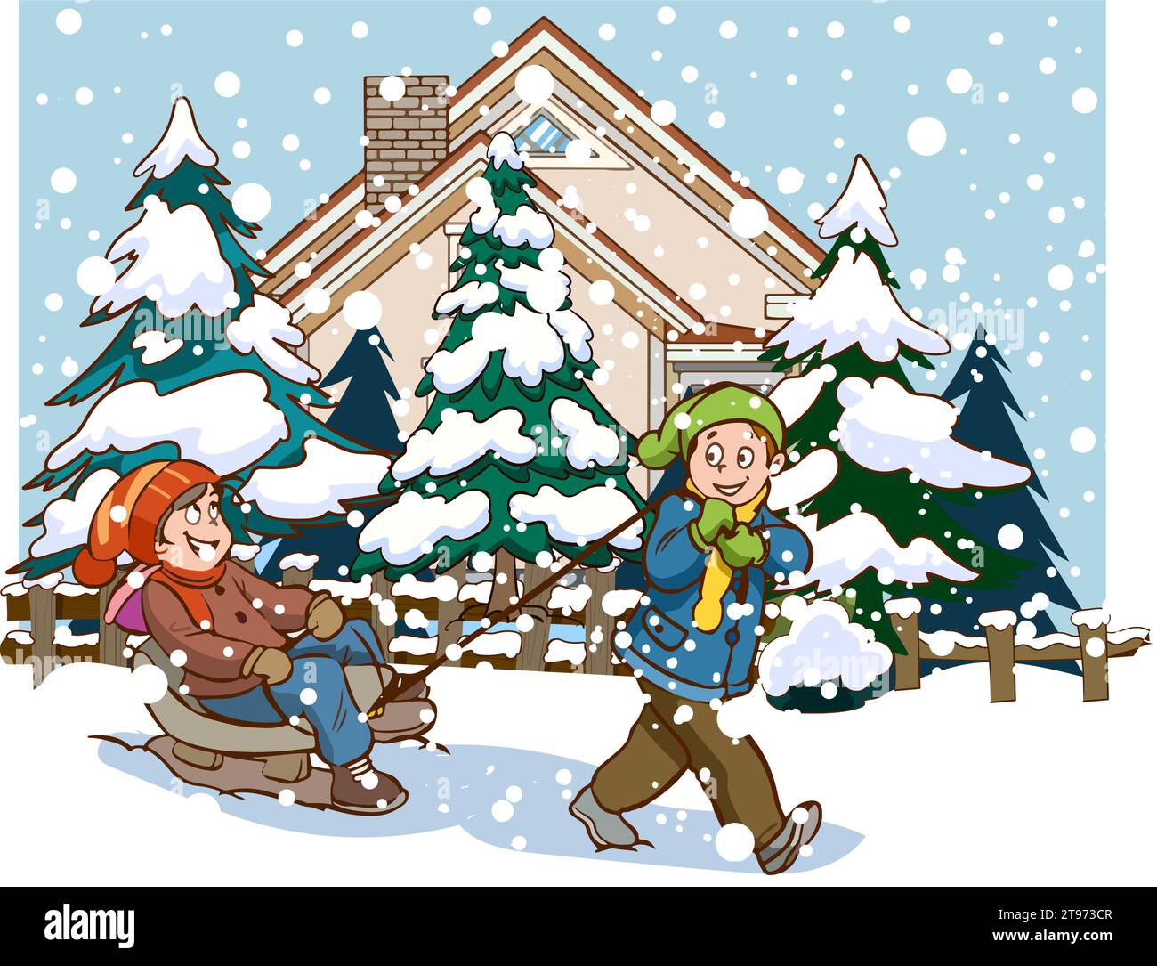 winter snowing and kids having fun making snowman vector Stock Vector ...