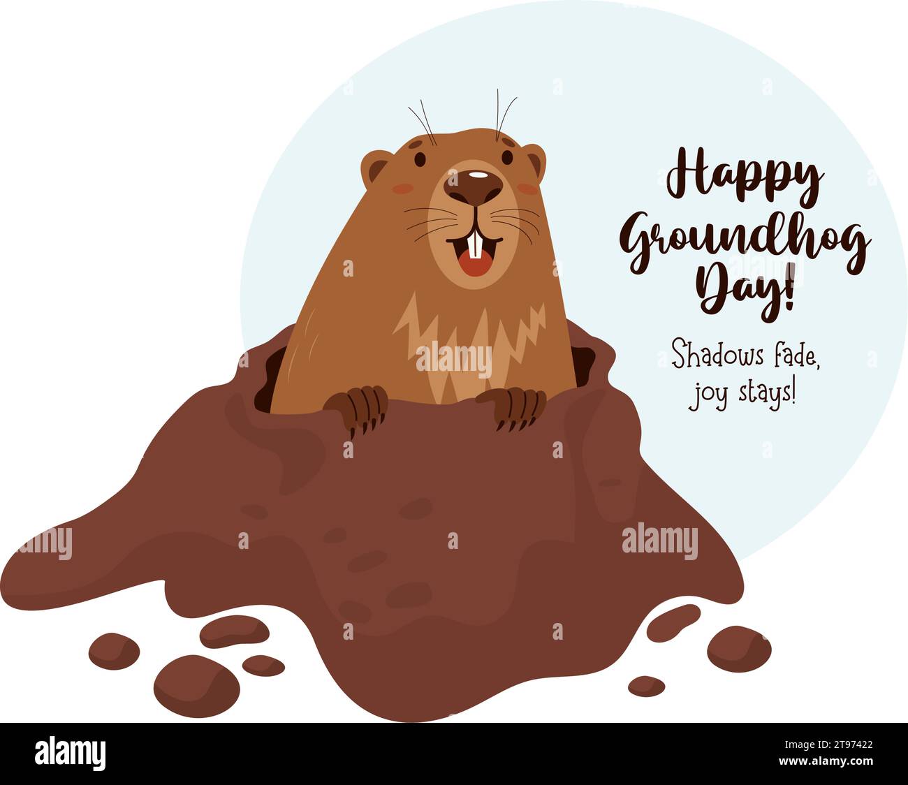 Cute joyful animal groundhog looks out of hole. Holiday card Happy ...