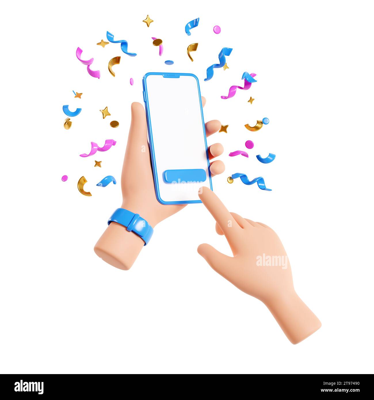 Human hand holding mobile phone with confetti 3d render Stock Photo - Alamy