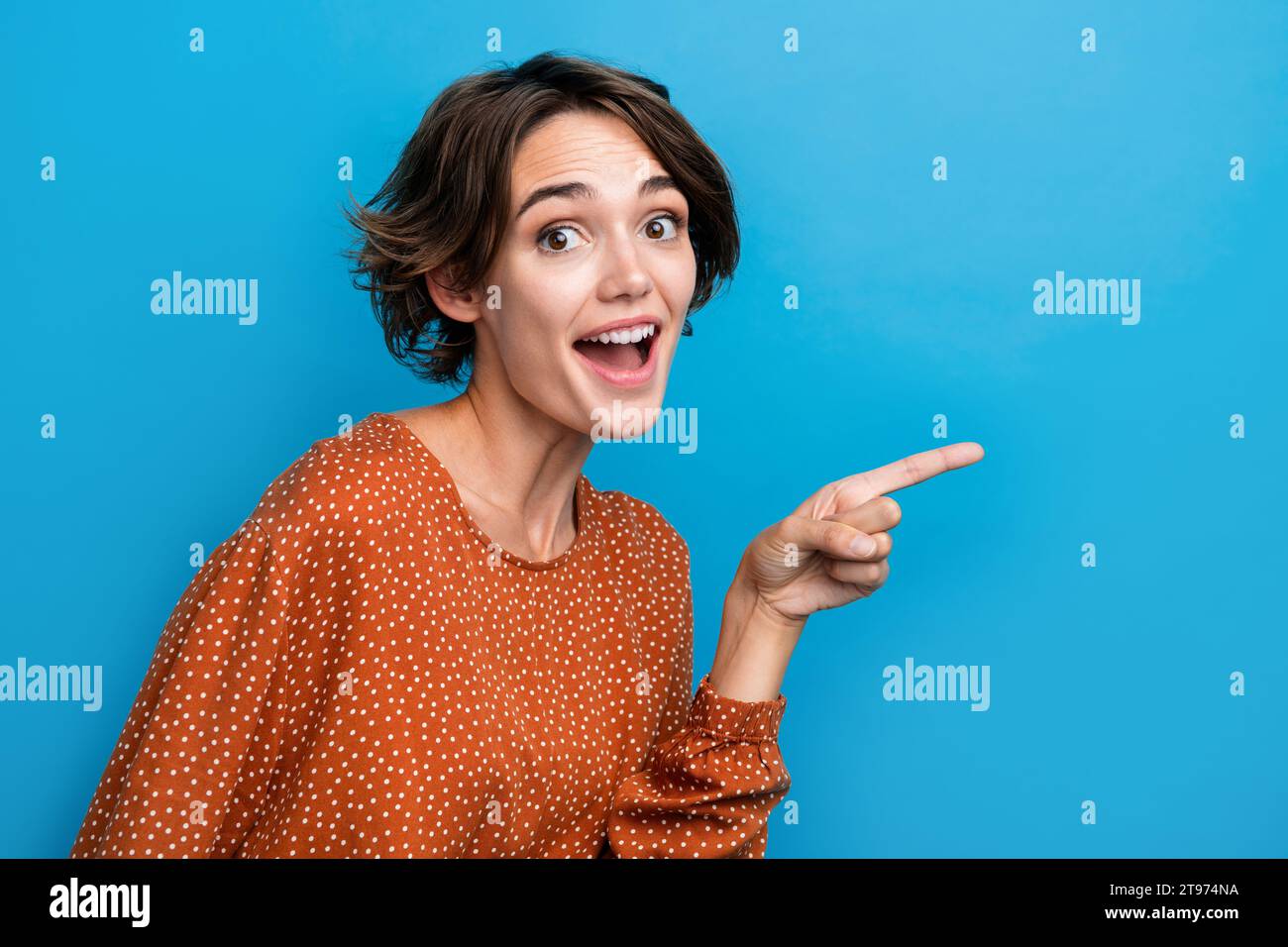 Photo of excited lady advertising novelty showing cool social network ...