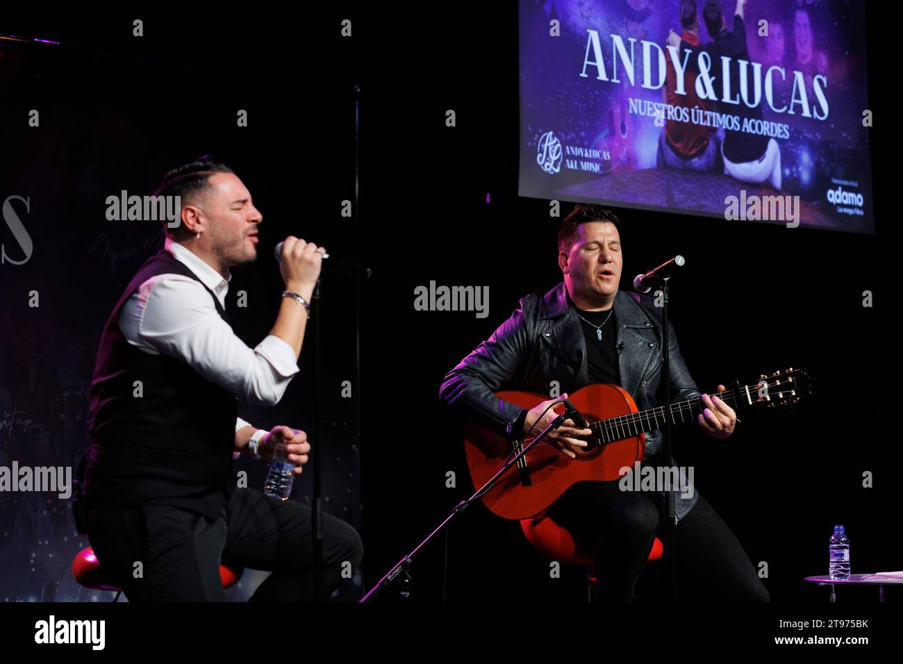 The musical duo Andy and Lucas perform during a press conference at the ...
