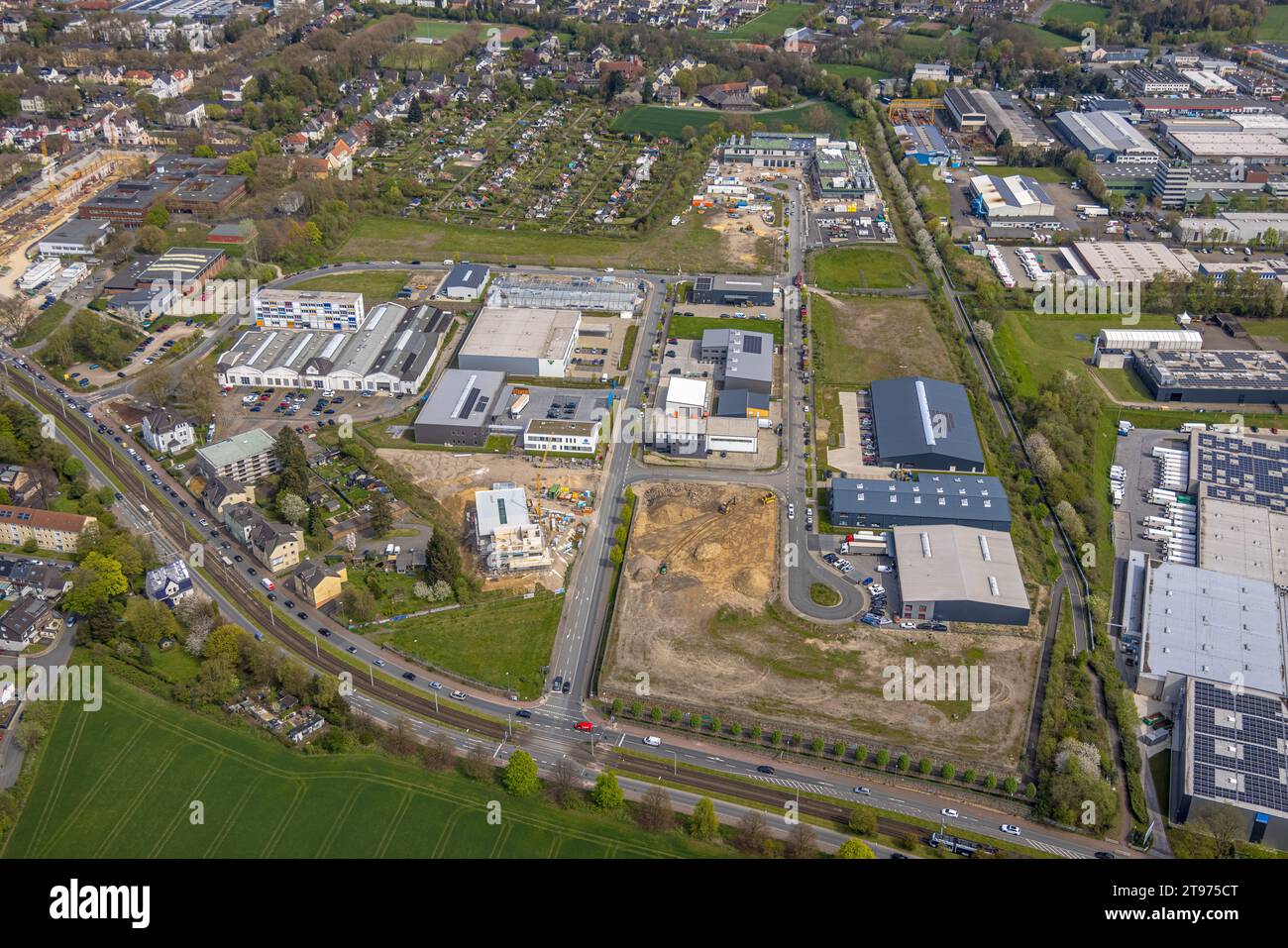 Aerial view, construction site and new building in the industrial estate An der Salzstraße, new ...