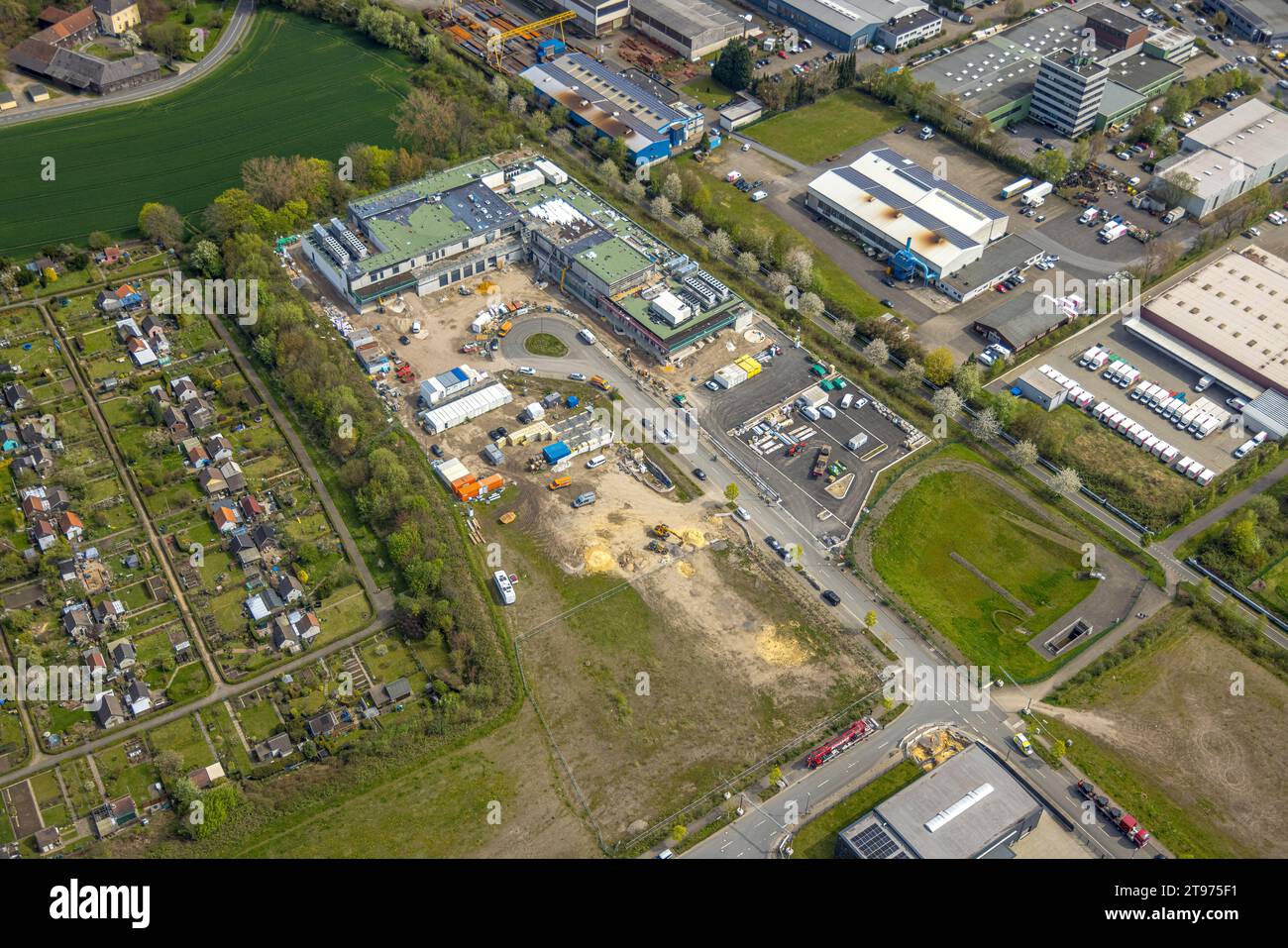 Aerial view, construction site and new building in the industrial estate An der Salzstraße, new ...