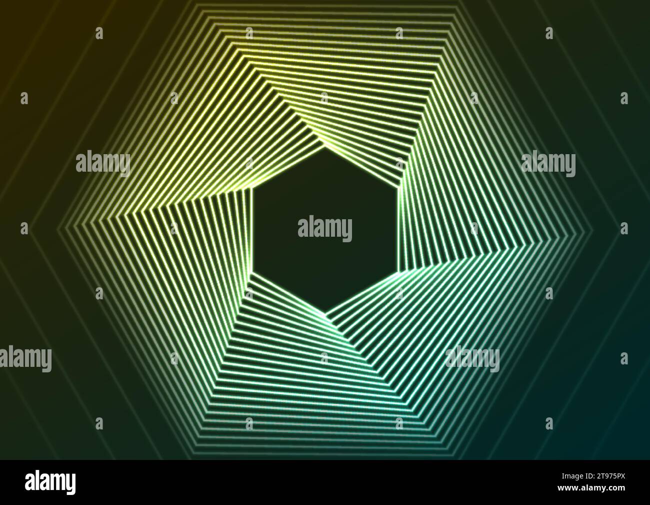 Blue yellow neon laser lines concept illustration. Refracted hexagons geometric shape technology ...