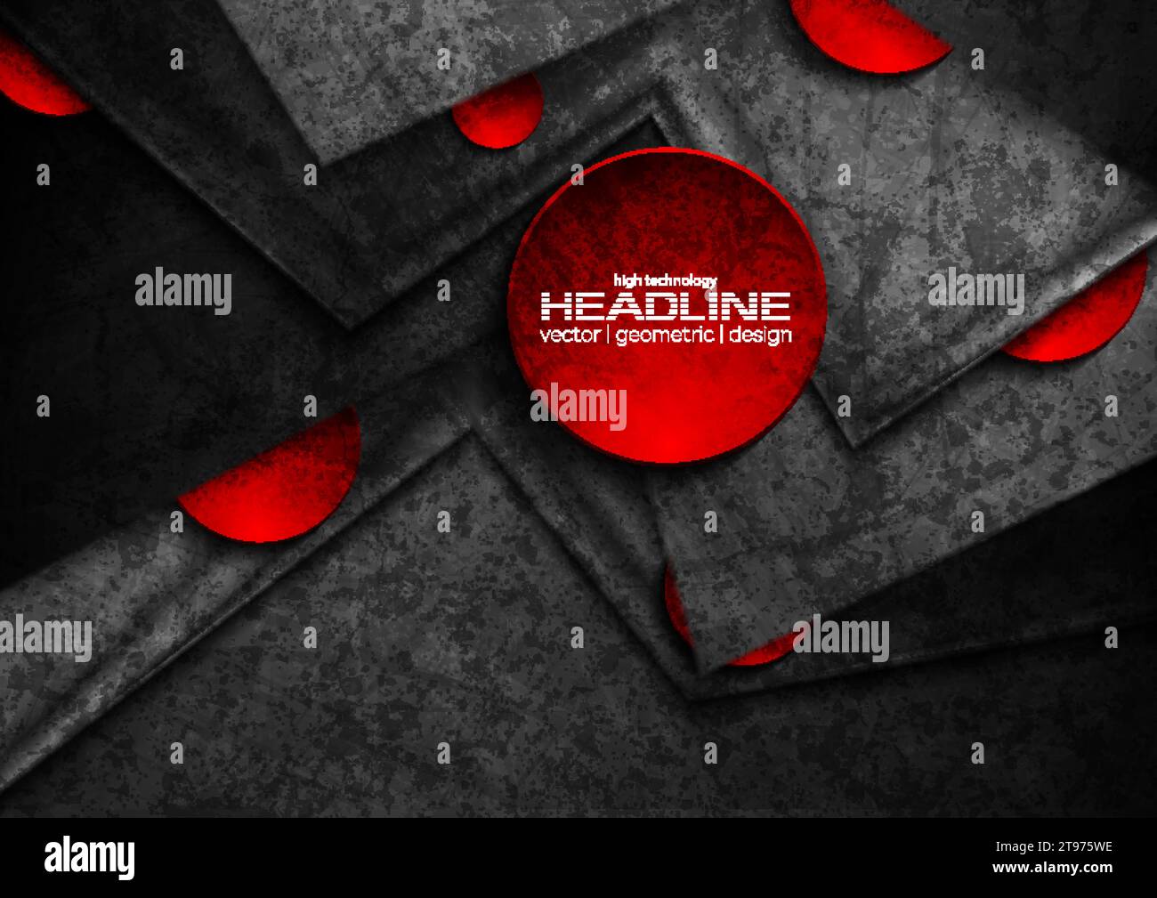 High contrast black red curved stripes and circles. Abstract grunge ...