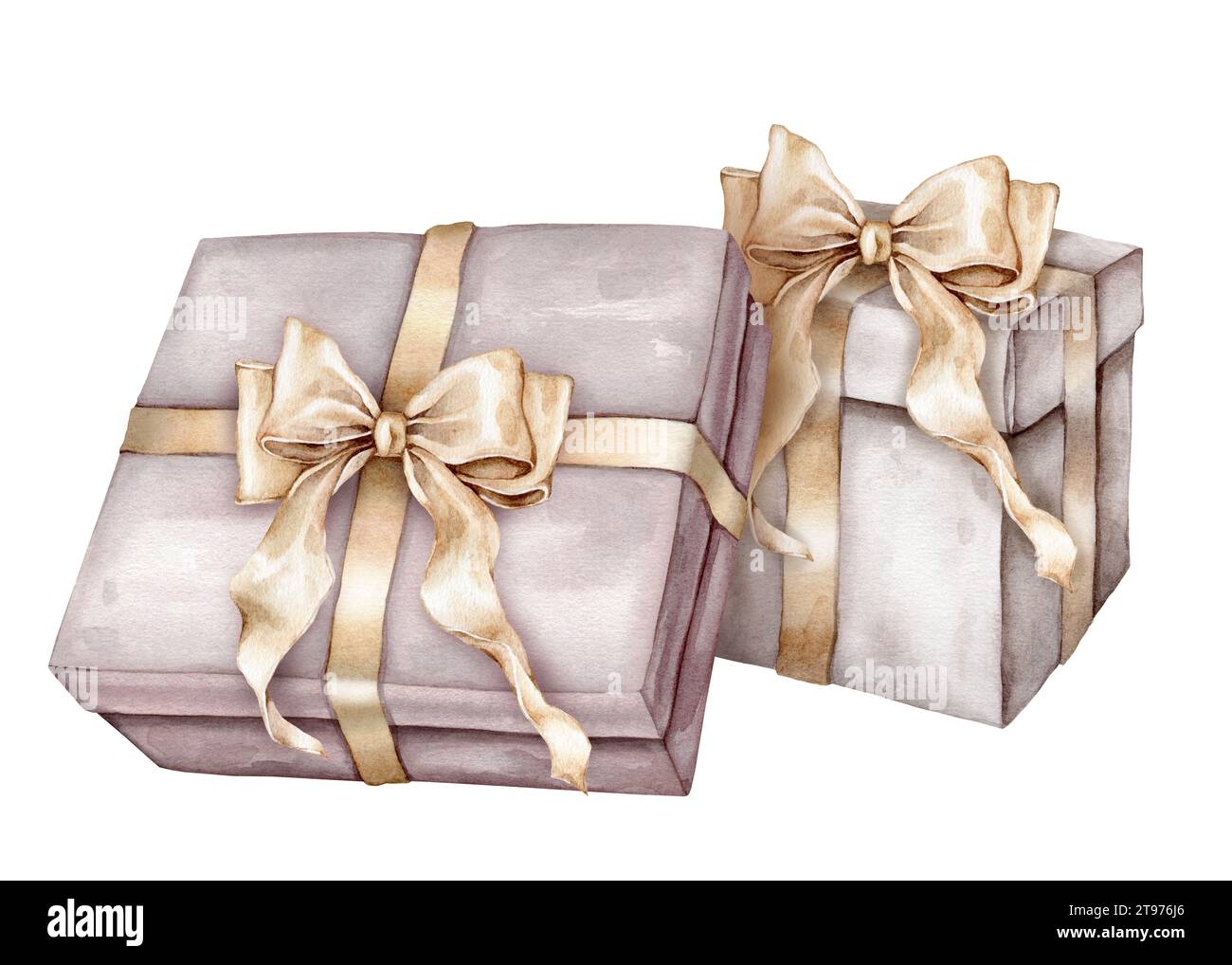 New Year and Happy birthday beige gift boxes with golden bows ...