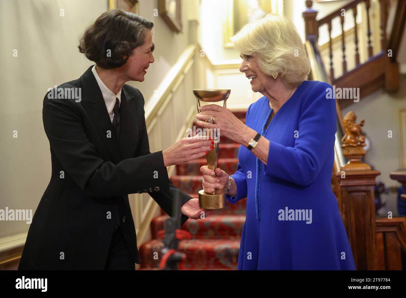 Queen Camilla (right) and Chief Executive of the Booker Prize Foundation, Gaby Wood, during a ...