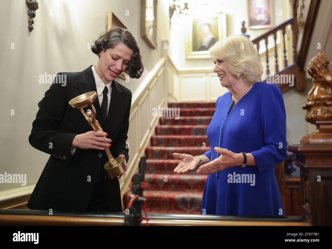 Queen Camilla (right) and Chief Executive of the Booker Prize Foundation, Gaby Wood, during a ...