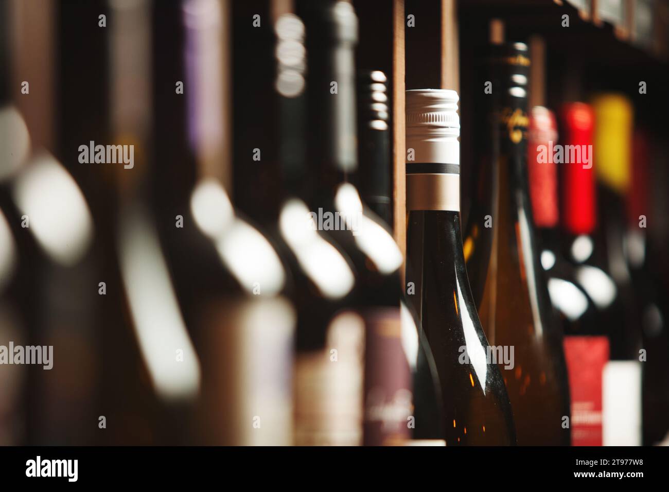 Wine cellar with elite drinks on shelves with written names Stock Photo ...