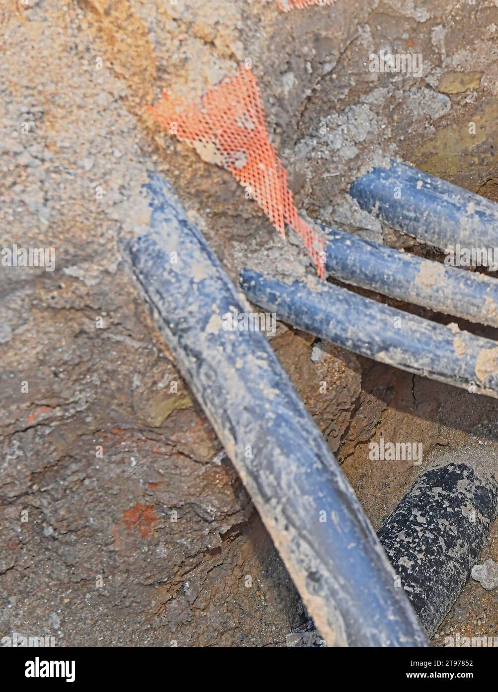 Cables in the trench. Cables in the excavation ready for electrical ...