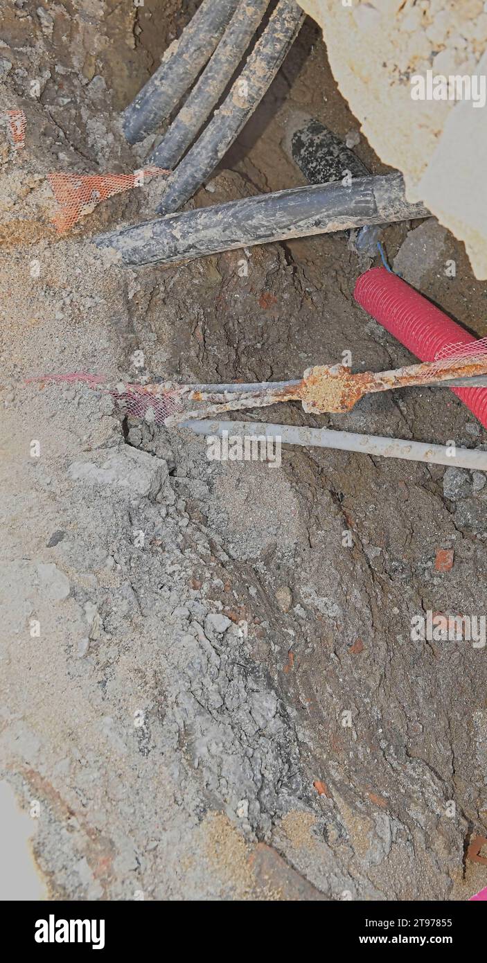 Cables in the trench. Cables in the excavation ready for electrical ...